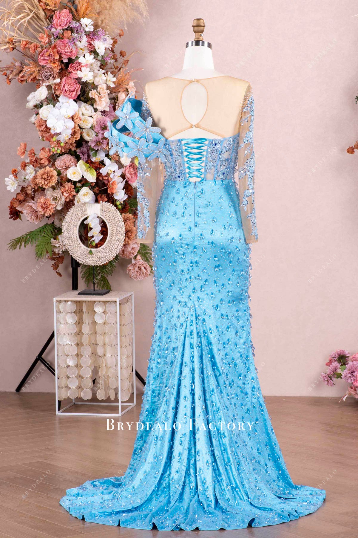 Sleeved Shoulder Large Flowers Tear-Drop Rhinestones Pageant Prom Dres