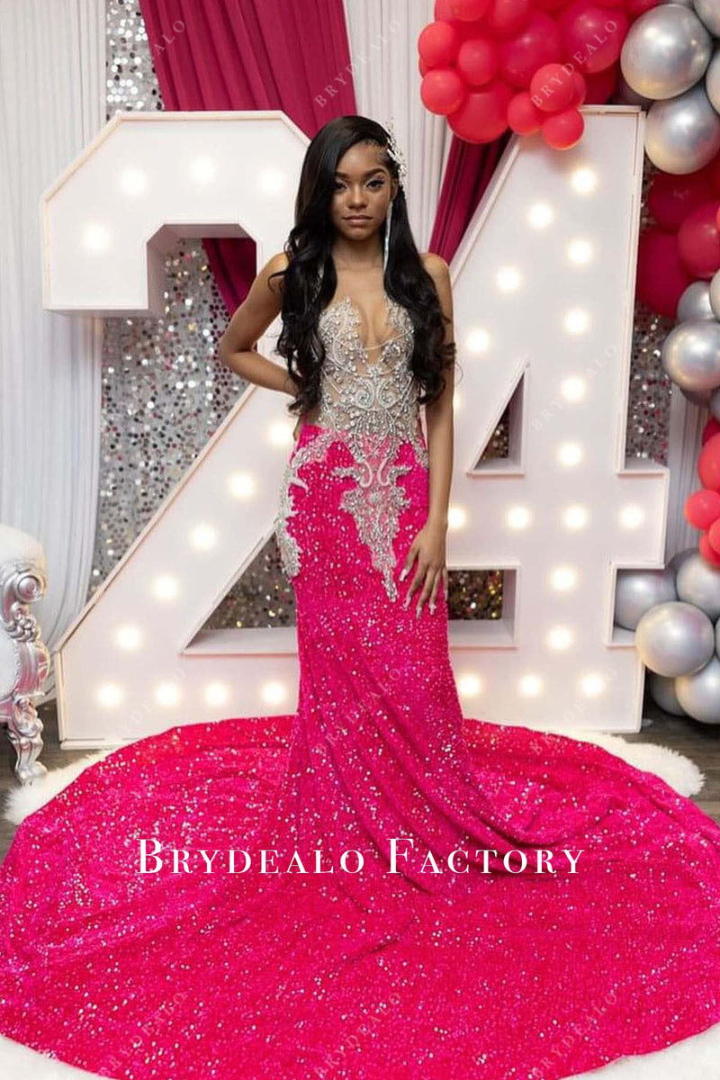 Rhinestones Hot Pink Sequined Long Train Prom Dress