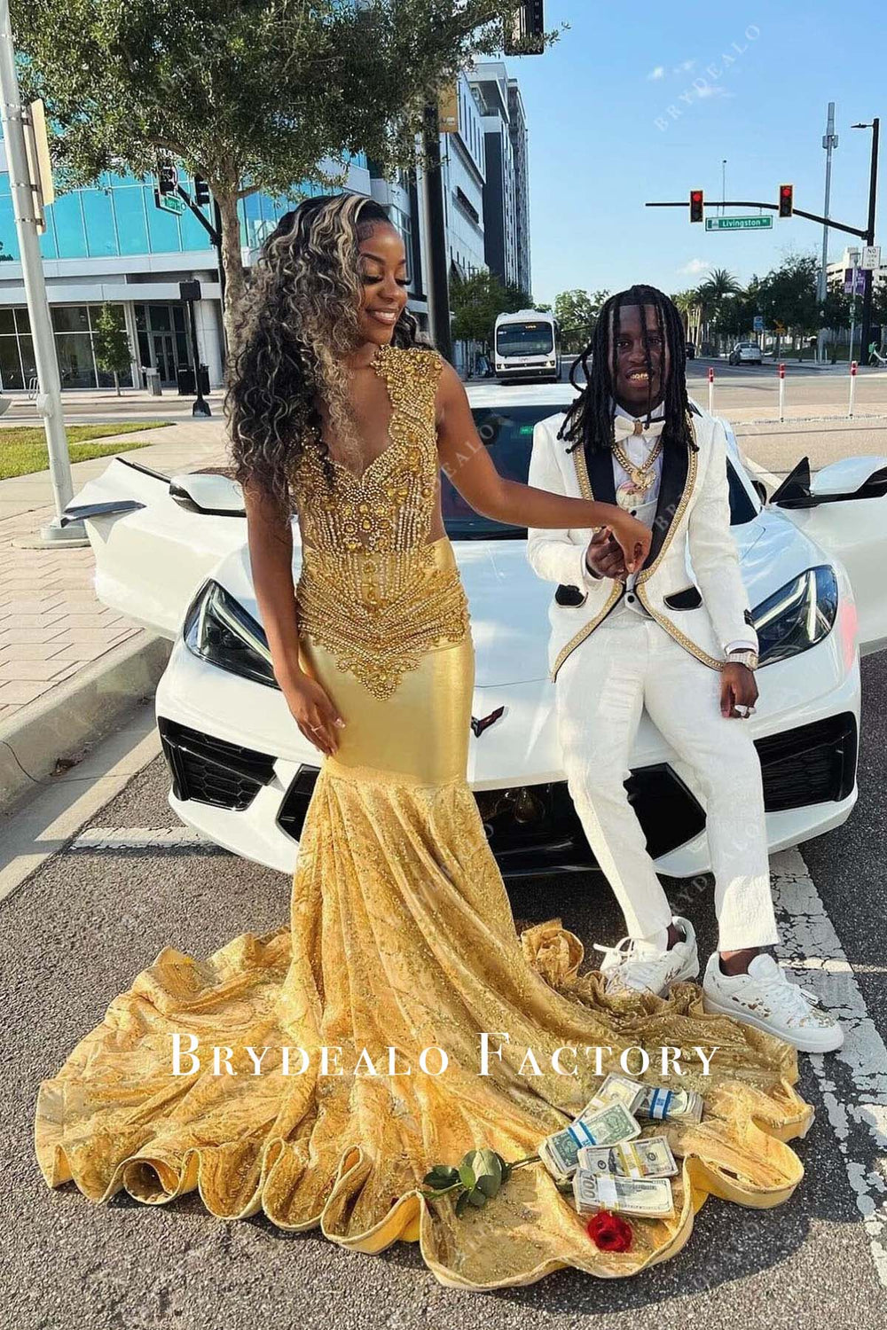 Prom Dress | Rhinestones Gold Sequined Trumpet Formal Gown