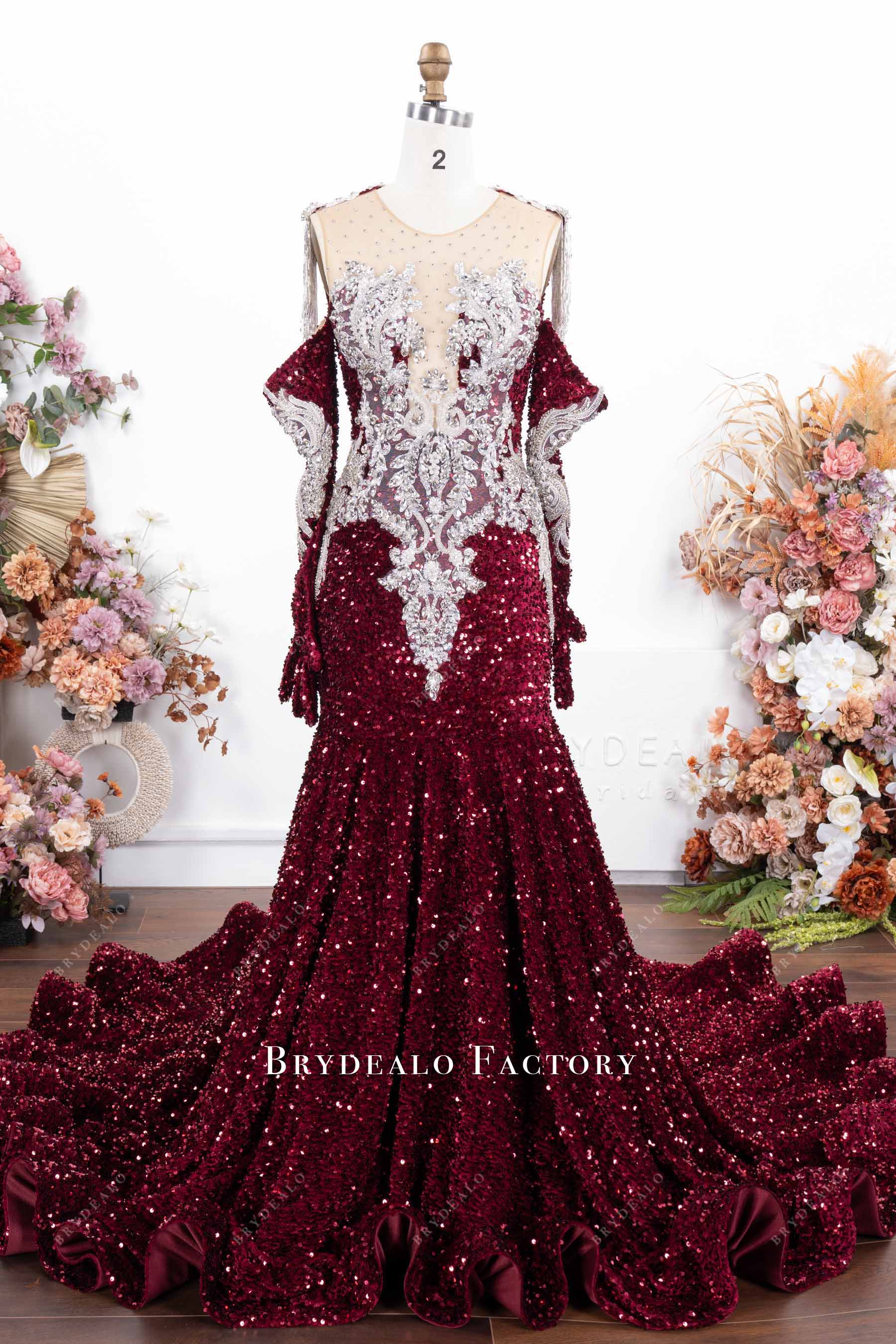 Sparkly Rhinestone Sequin Velvet Matching Gloves Prom Dress