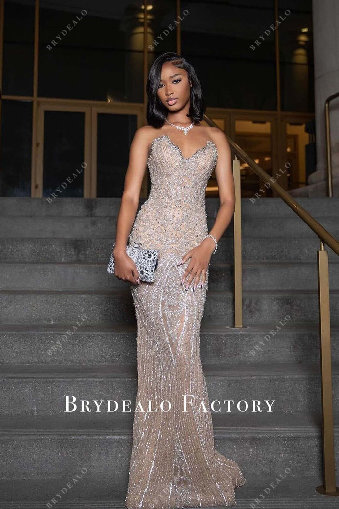 Sparkly Rhinestones Sequined Strapless V-Neck Prom Dress