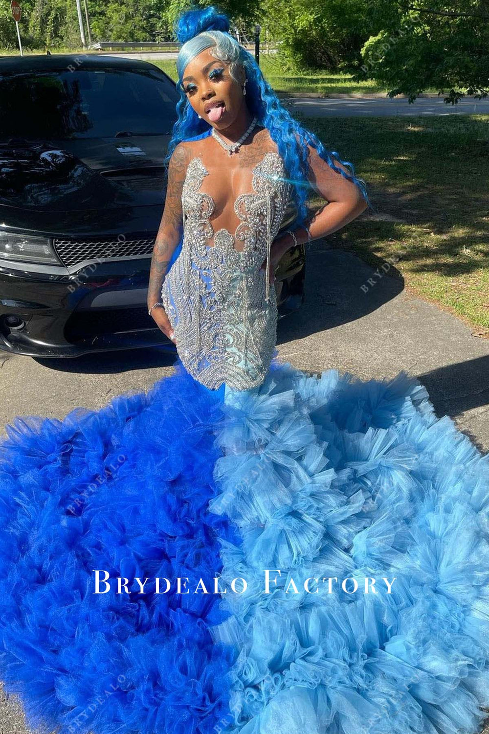 Sparkly Rhinestone Two-tone Tulle Ruffled Trumpet Prom Dress