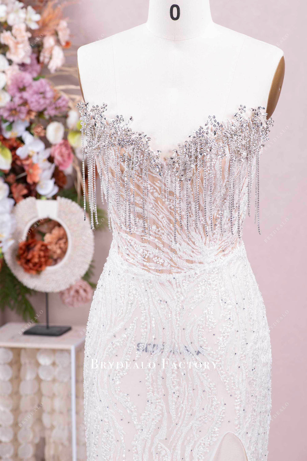 Rhinestone Tassel Neck Strapless Luxury High Slit Formal Prom Dress