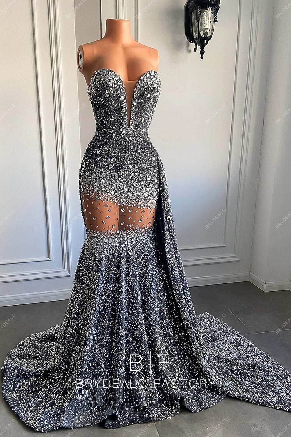 Crystals Gray Sequin Strapless Deep Neck Panel Train Prom Formal Gown