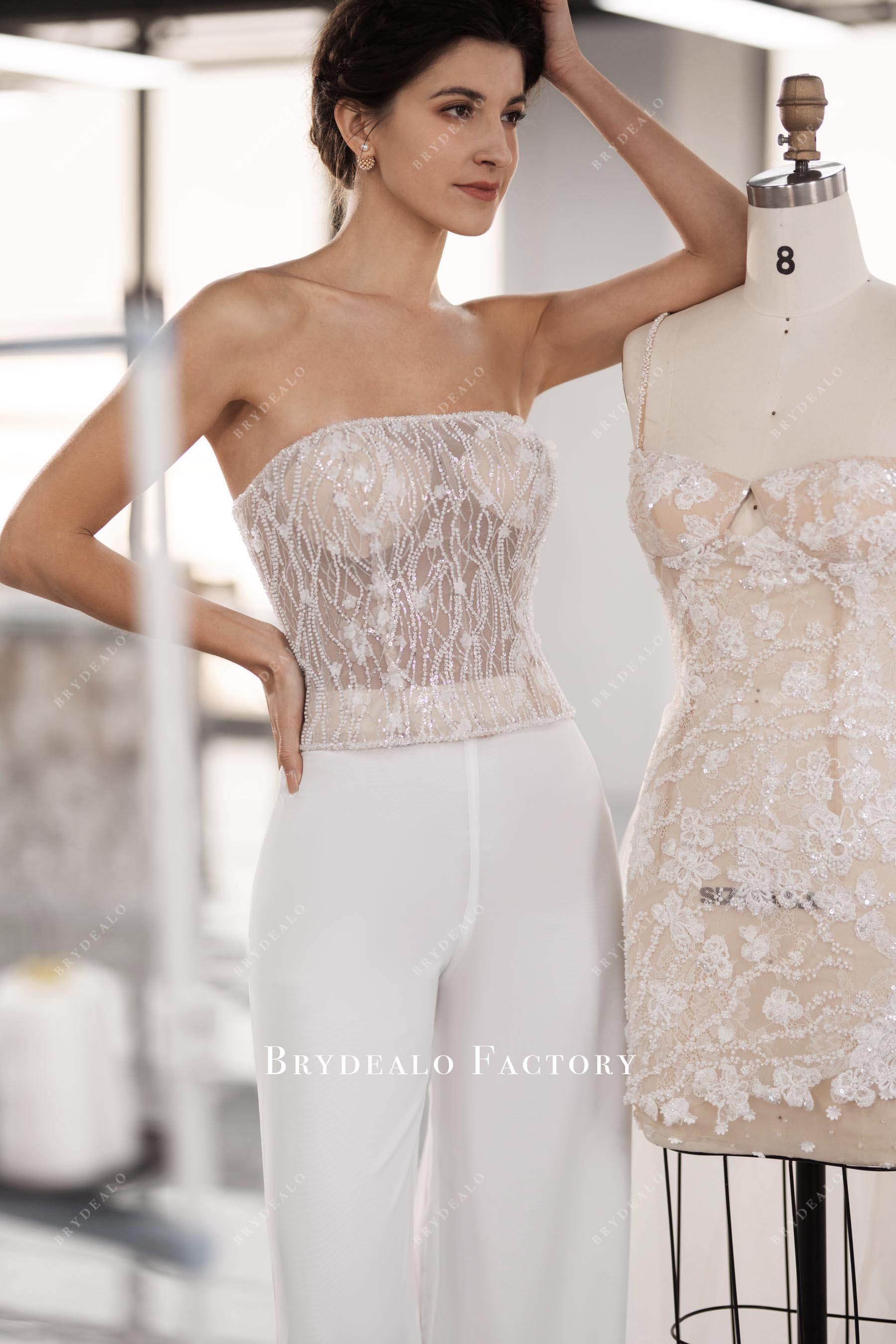 Lace Illusion Corset White Chiffon Bridal Jumpsuit Destination Wedding