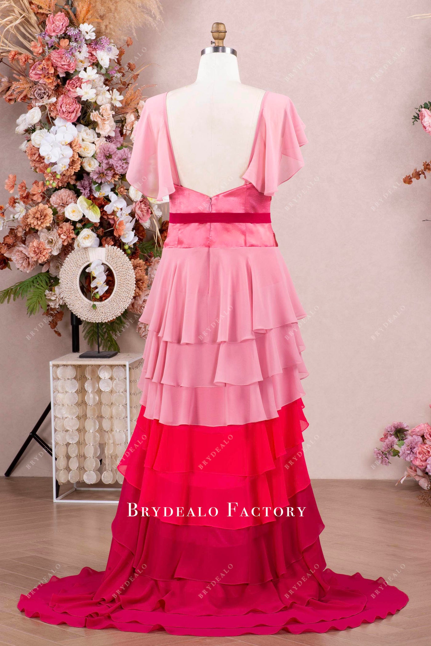 Fairy Ombre Pink Flutter Sleeve Tiered Hermione Granger Formal Dress