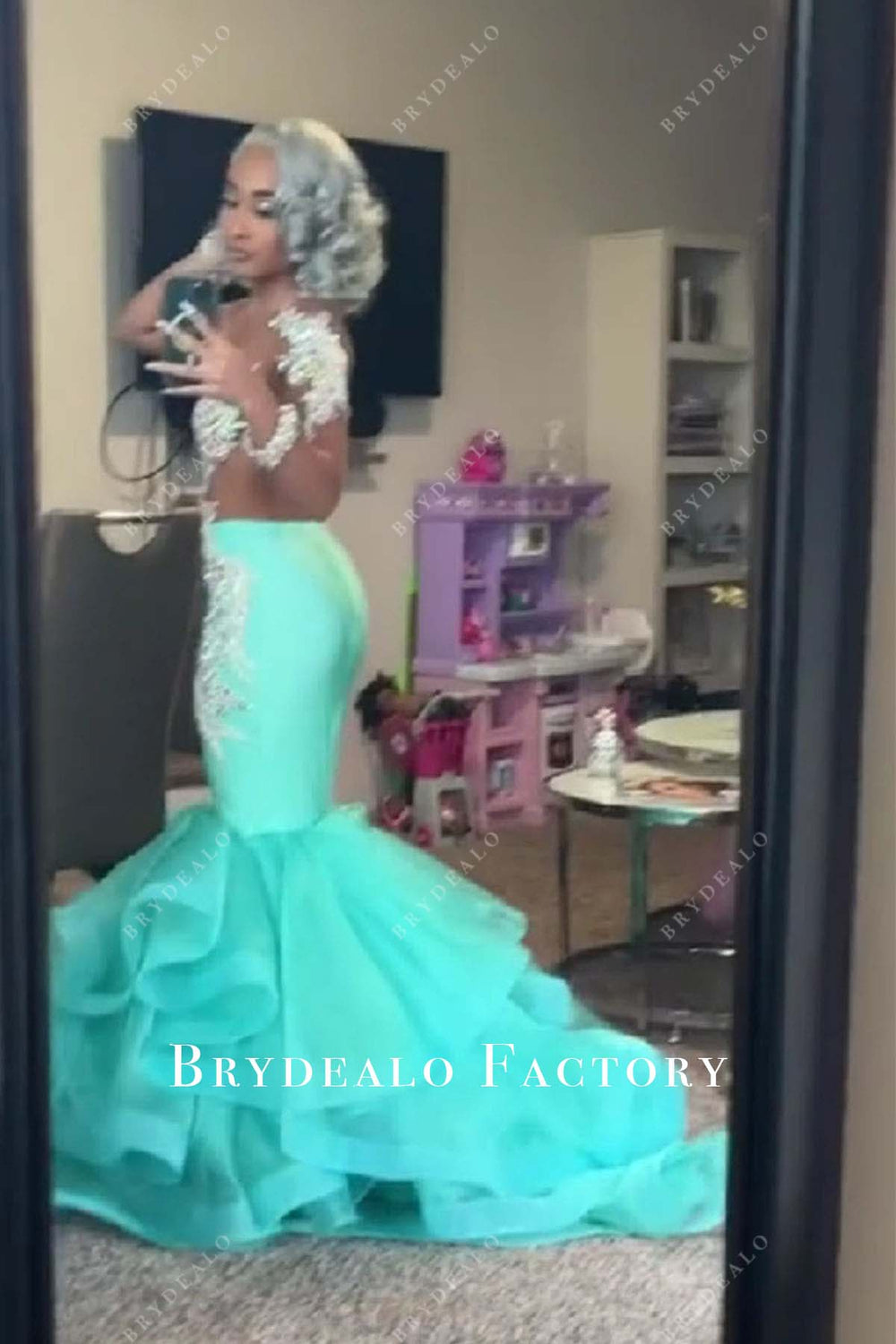 Rhinestones Turquoise Tiered Trumpet Prom Dress