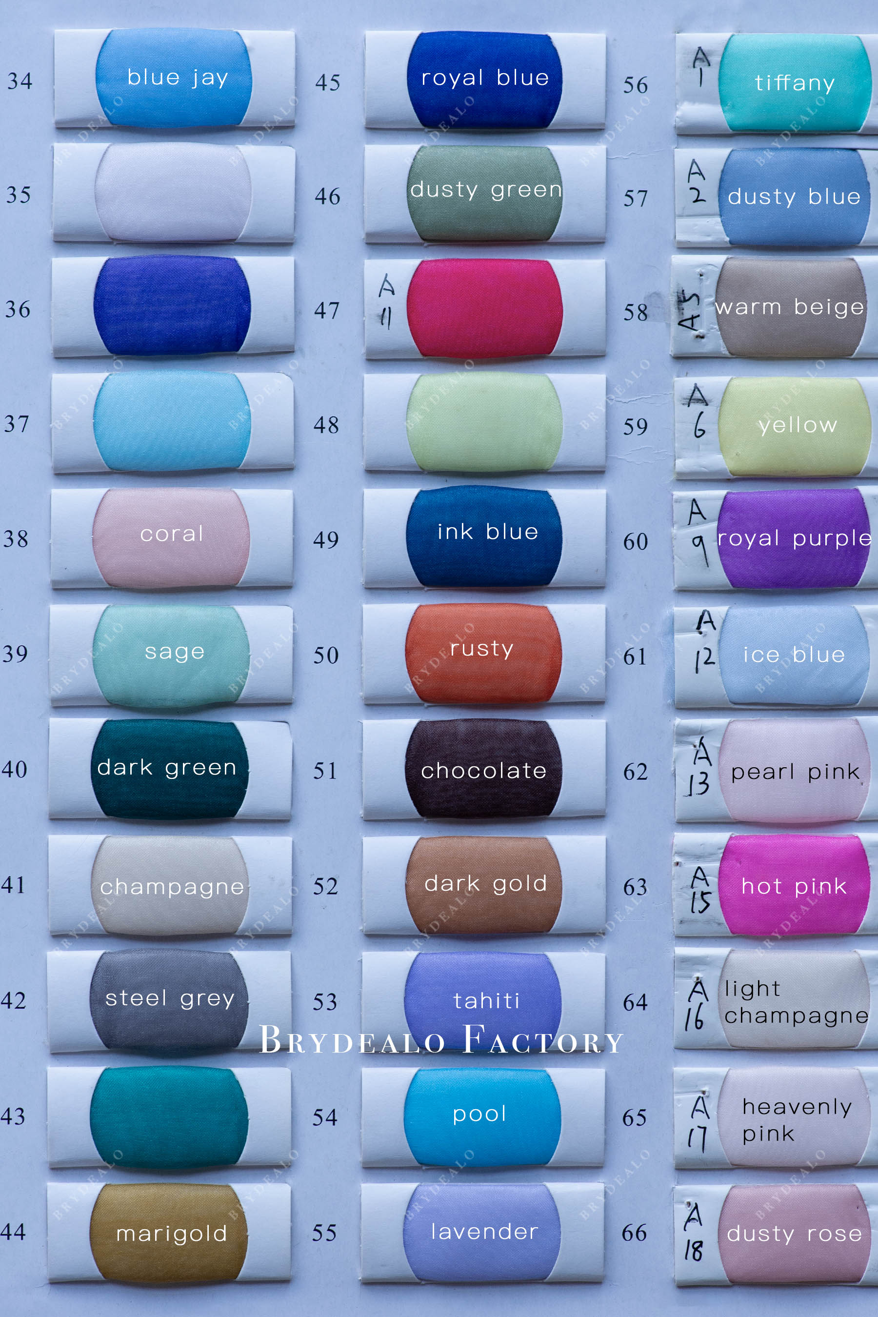 Polyester Sheer Organza Fabric Color Chart | 60+ Colors