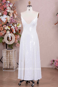 White Sequin Ankle Length Wedding After Party Dress