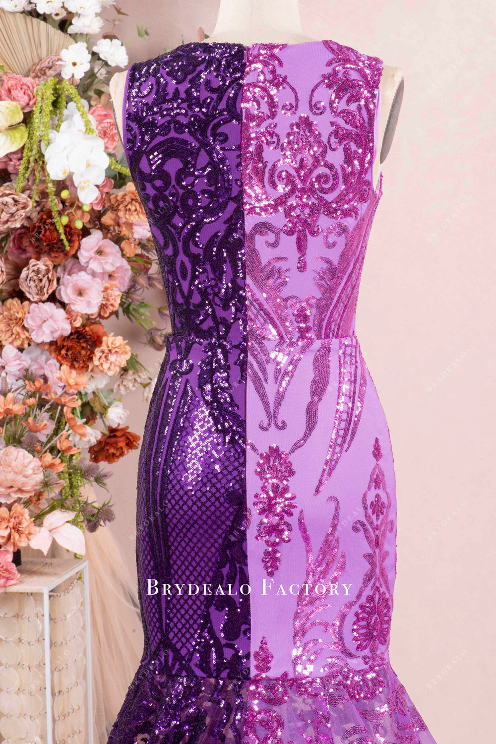 Dramatic Two-Tone Purple Sequin Split Color Prom Dress
