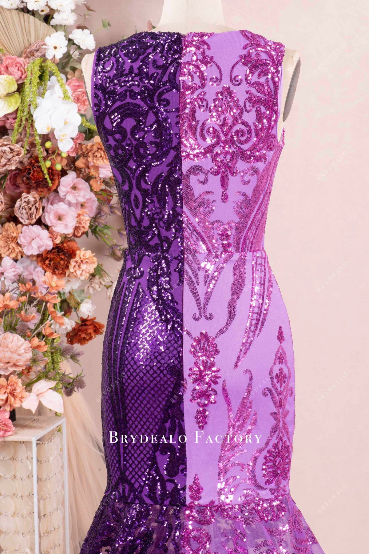 Dramatic Two-Tone Purple Sequin Split Color Prom Dress