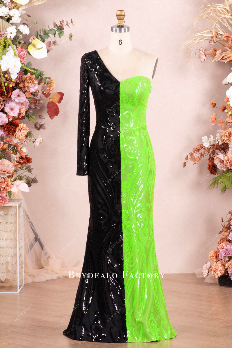 Two-Tone One Sleeve Sequin Floor Length Mermaid Prom Dress