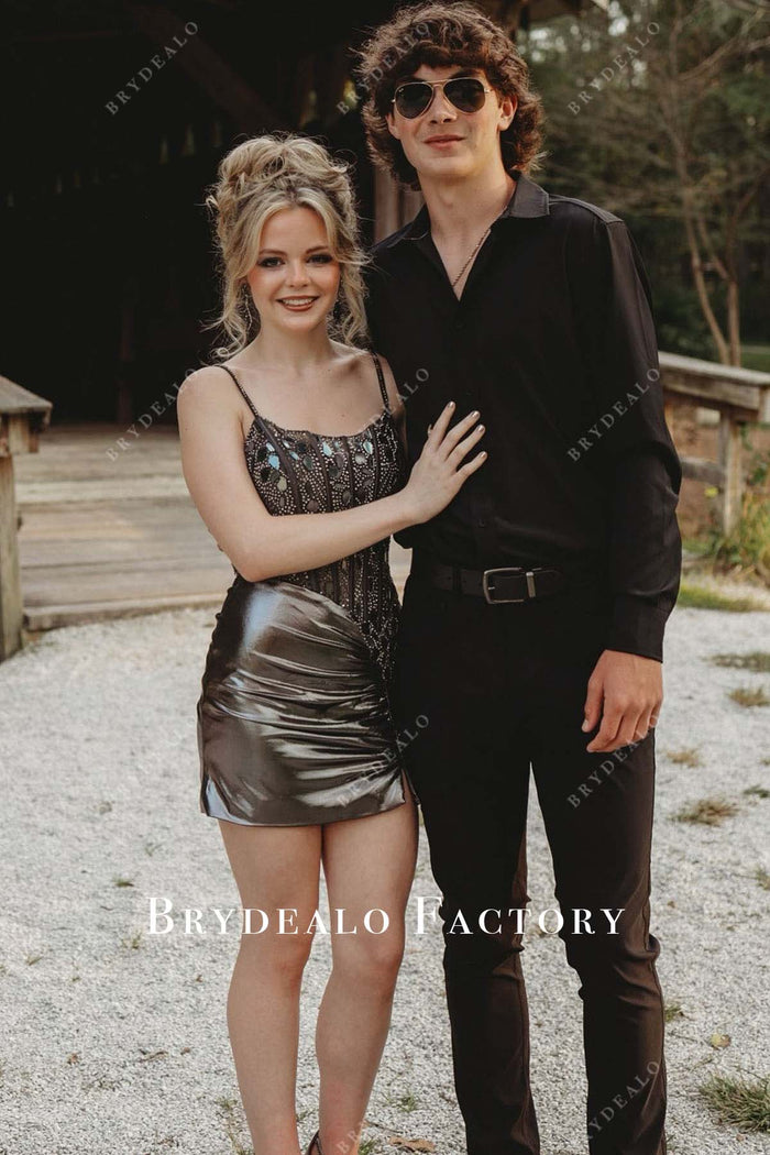 Homecoming Dress | Rhinestones Umber Corset Pleated Mini Formal Gown