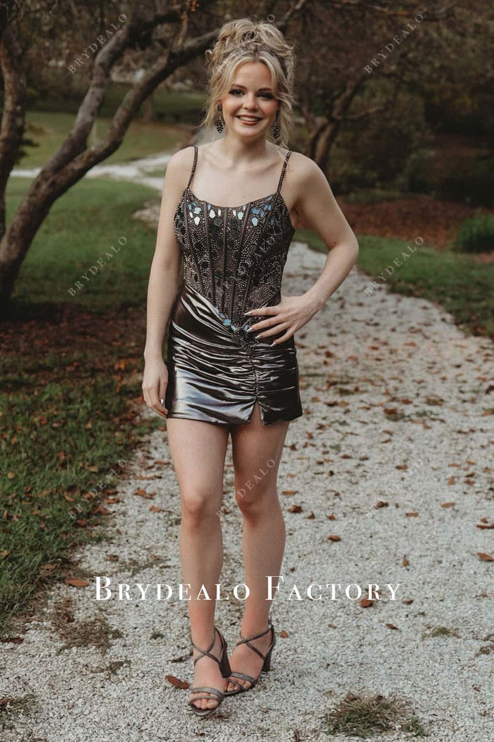 Homecoming Dress | Rhinestones Umber Corset Pleated Mini Formal Gown