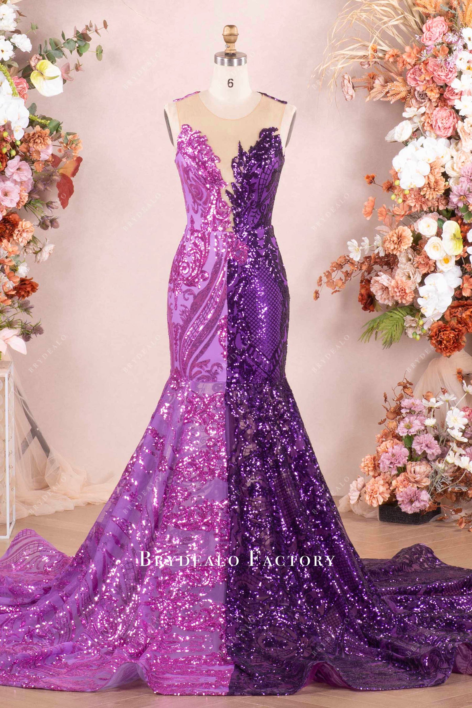 Dramatic Two-Tone Purple Sequin Split Color Prom Dress
