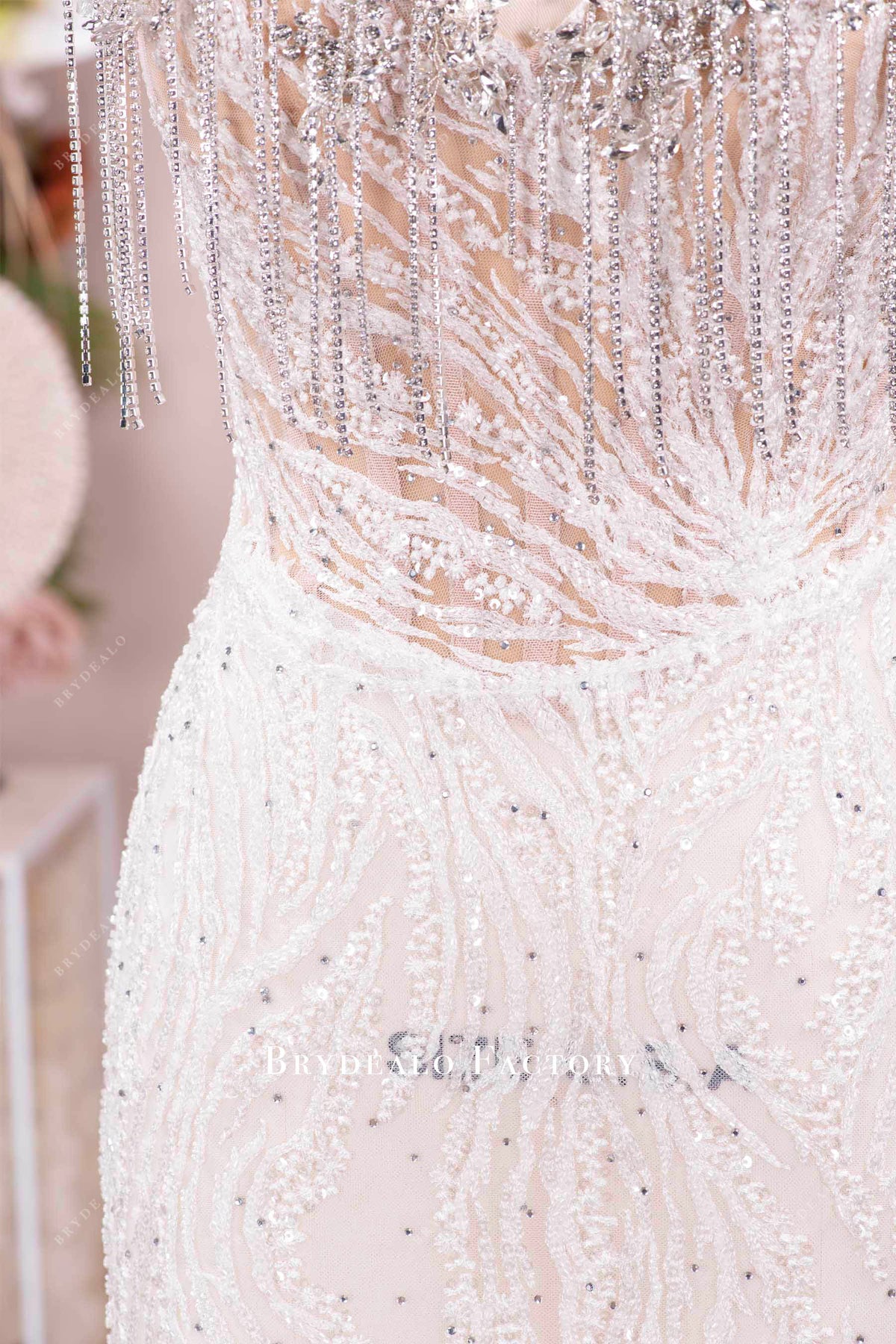 Rhinestone Tassel Neck Strapless Luxury High Slit Formal Prom Dress