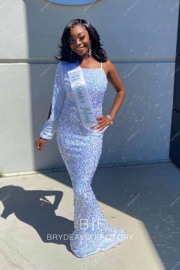 Iridescent White Sequin One Sleeve Mermaid Short Train Pageant Dress