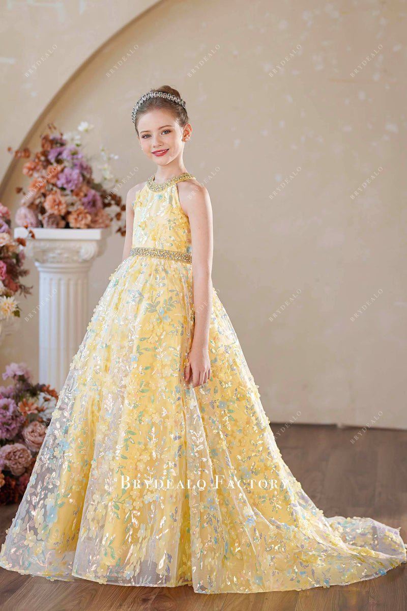 Iridescent Sequin Yellow Flowers Ball Gown Kids Pageant Dress