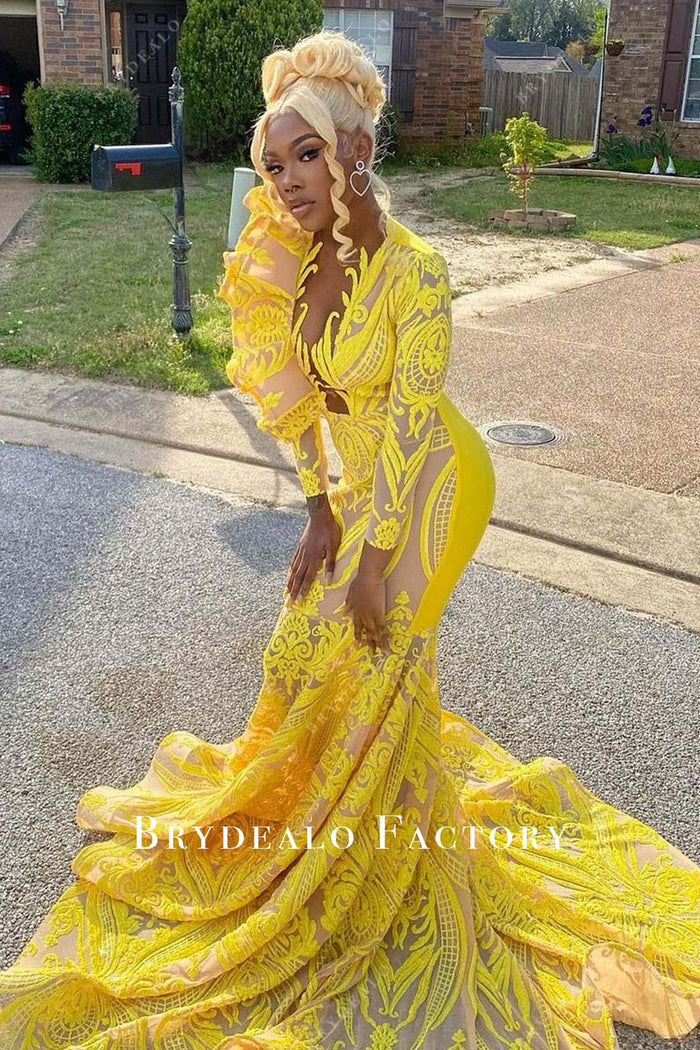 Ruffle Yellow Sequin Long Sleeve Tailored Mermaid Prom Dress