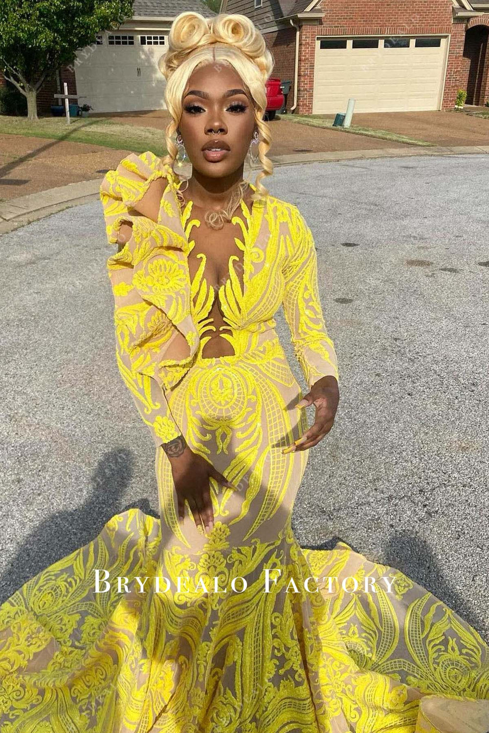 Ruffle Yellow Sequin Long Sleeve Tailored Mermaid Prom Dress