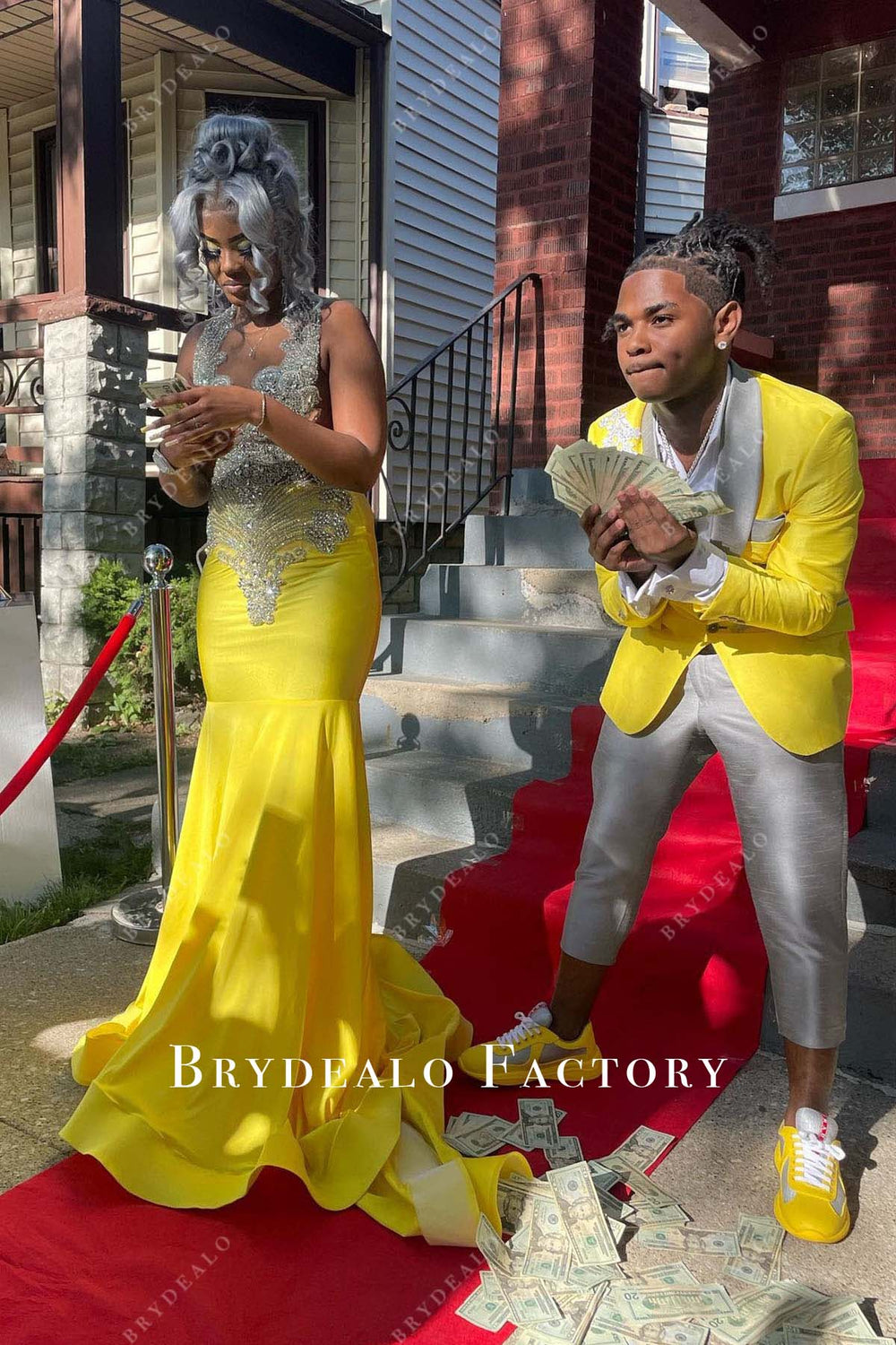 Yellow Jersey Mermaid Silver Rhinestone Prom Formal Dress