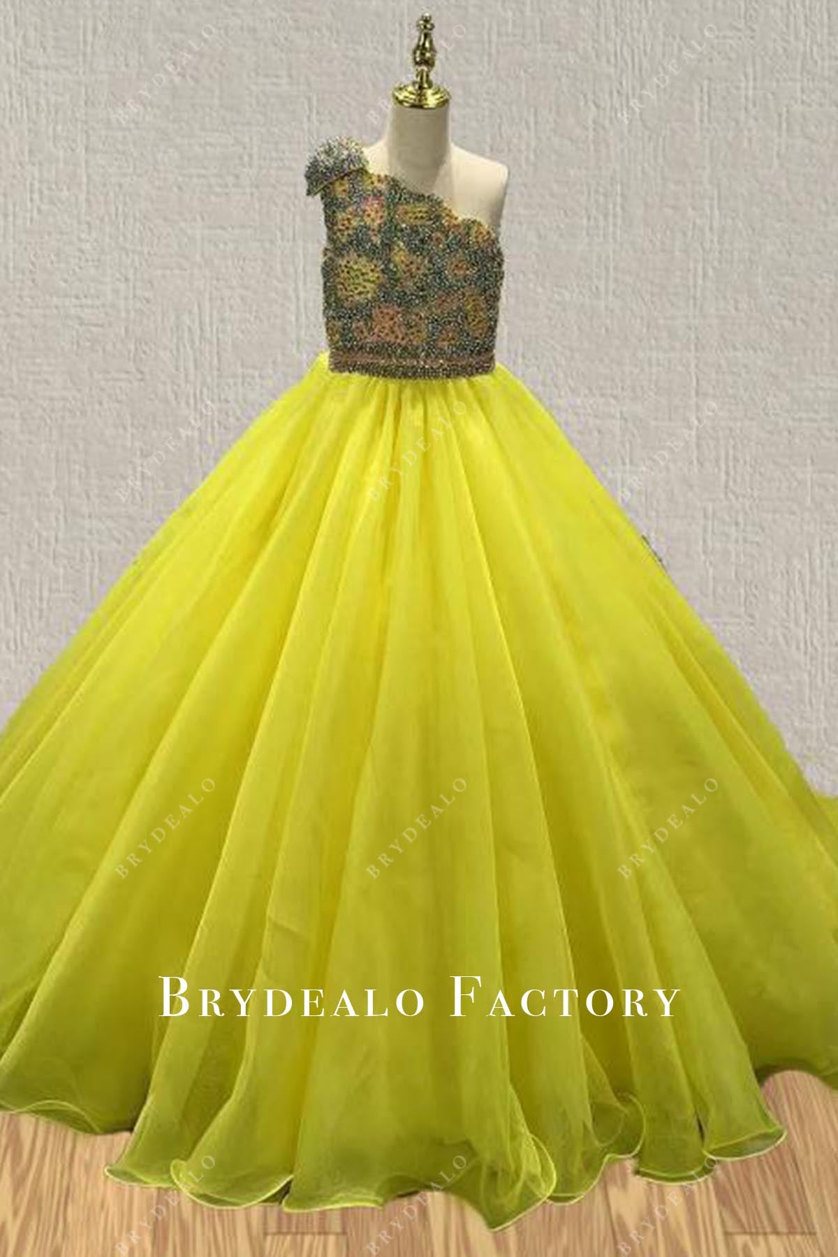 Rhinestone Yellow One Shoulder A-Line Kids Pageant Dress