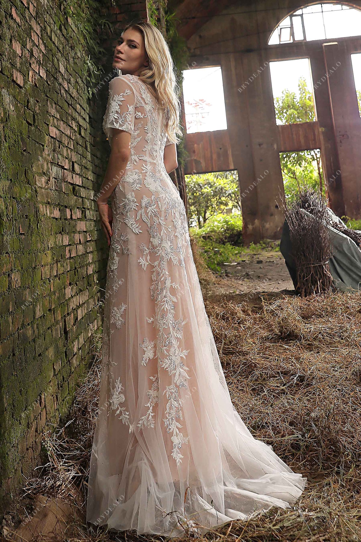 Dusty Rose Short Sleeves Beaded Lace Sheath Destination Bridal Gown