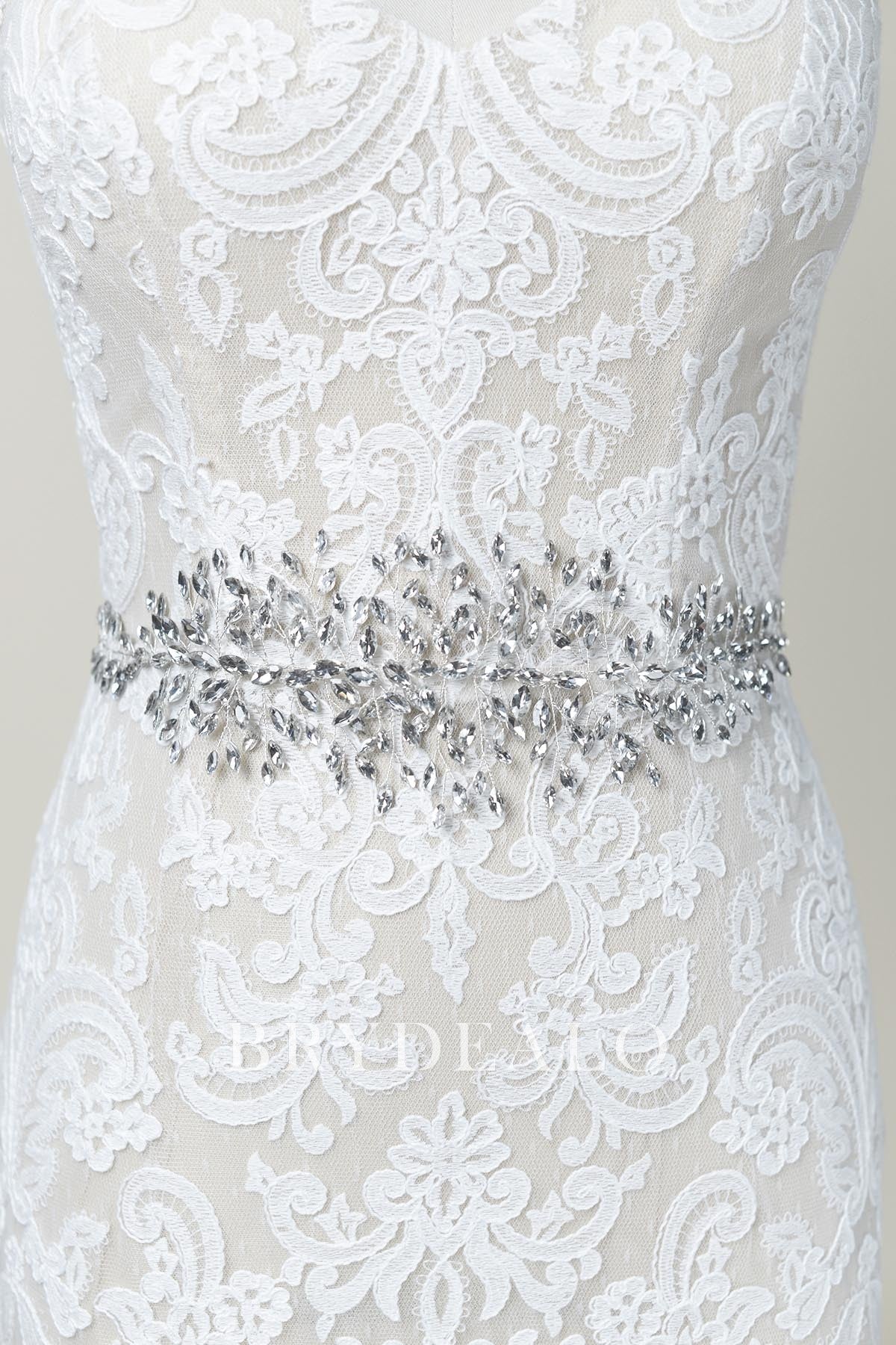 Fashion Sparkly Silver Crystal Vine Bridal Sash Ivory Satin Belt