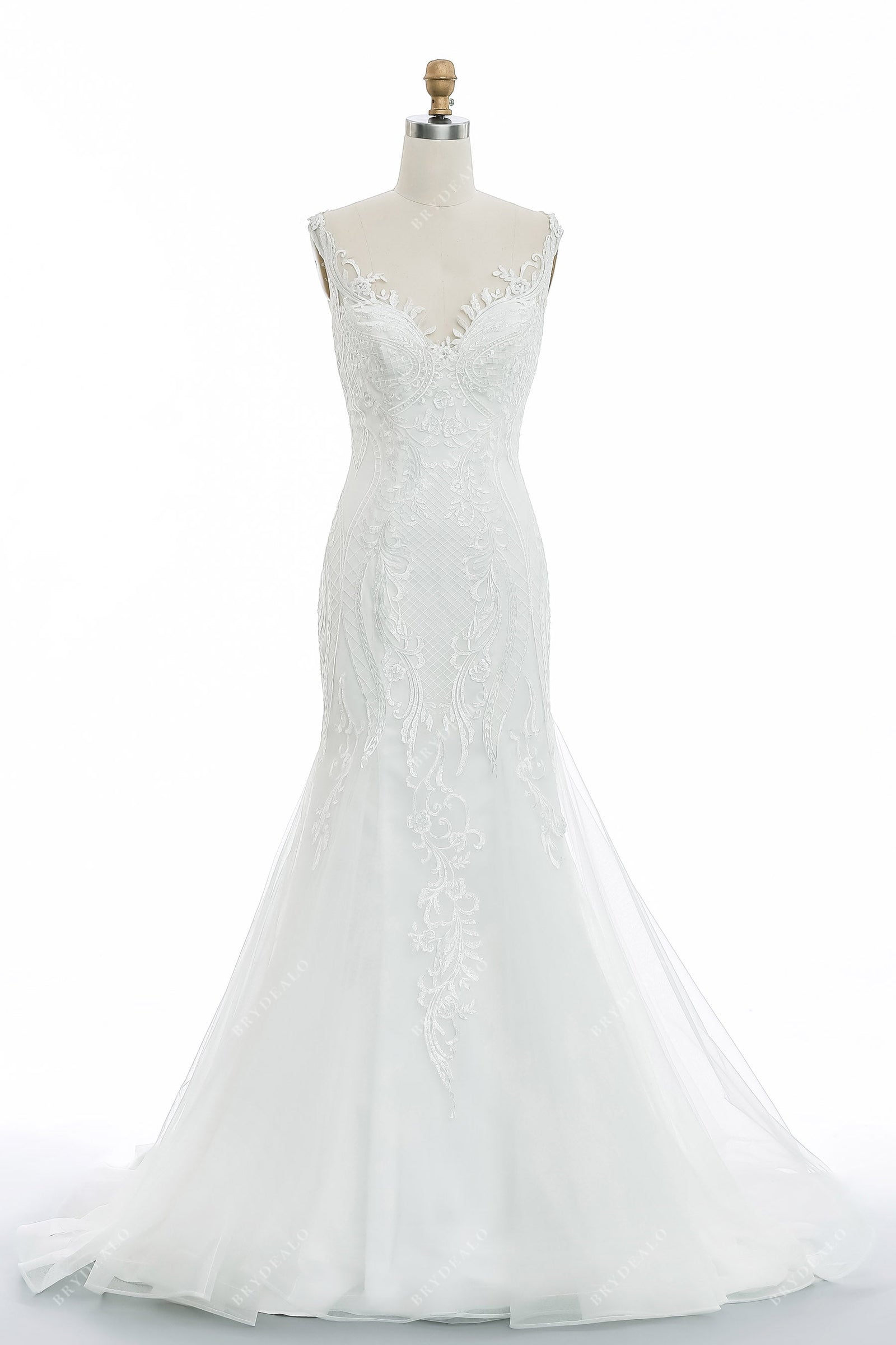 Off Shoulder Designer Lace Illusion Back Mermaid Wedding Dress