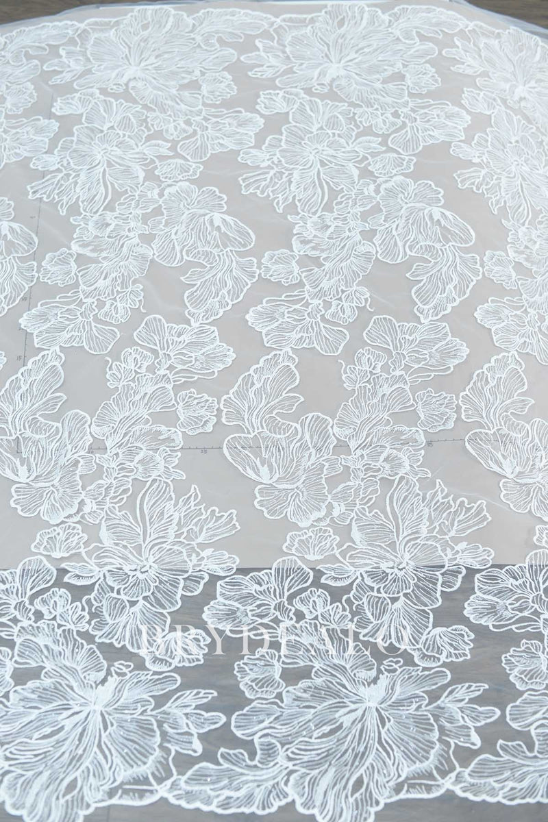 Shimmery Lotus Embroidered Bridal Lace Fabric for Designer Dresses