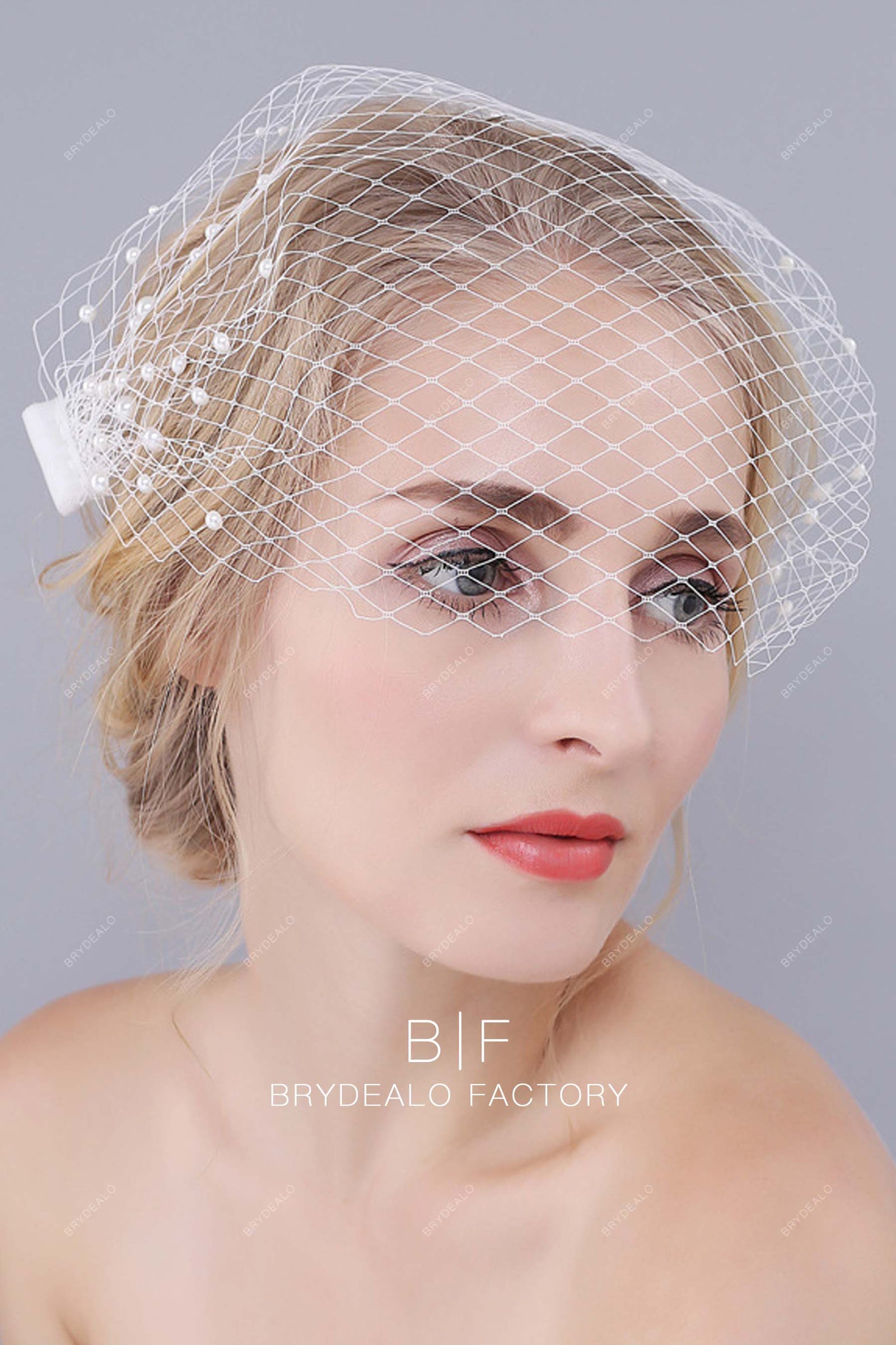 Hollywood Half Cut Pearls Bandeau Birdcage Veil Blusher Wedding Veil