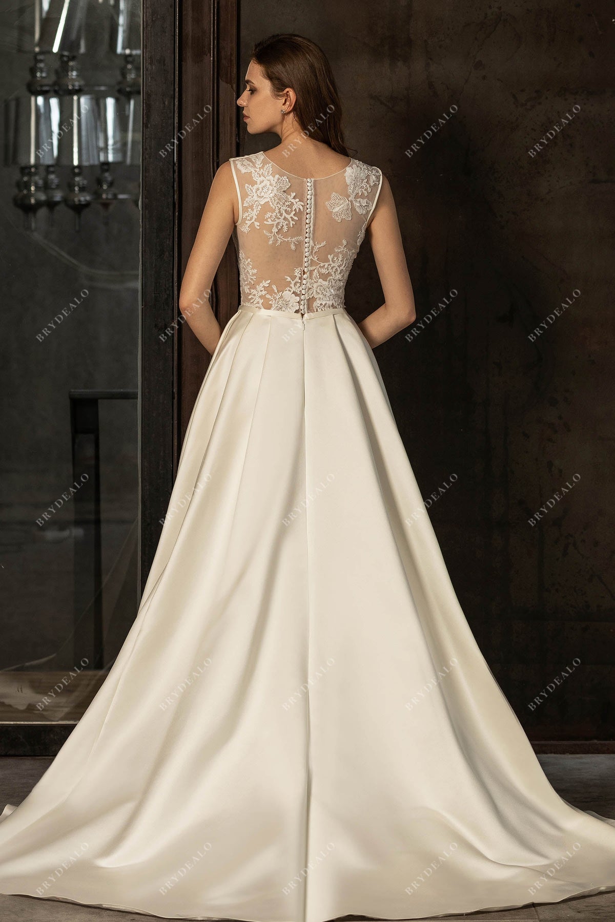 Ivory Classic Illusion Lace Back Elegant Satin A-line Wedding Dress
