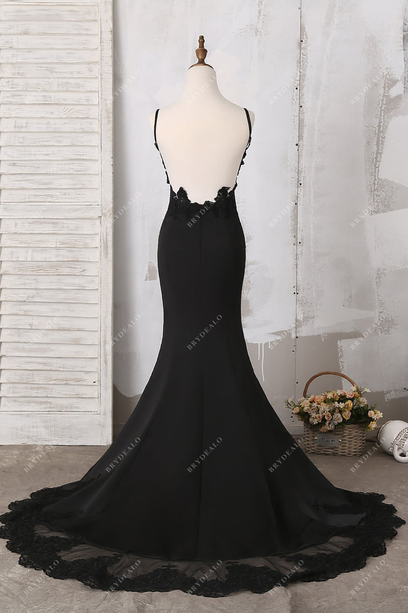 Black Lace Open Back Sleeveless Satin Mermaid Prom Gothic Bridal Dress