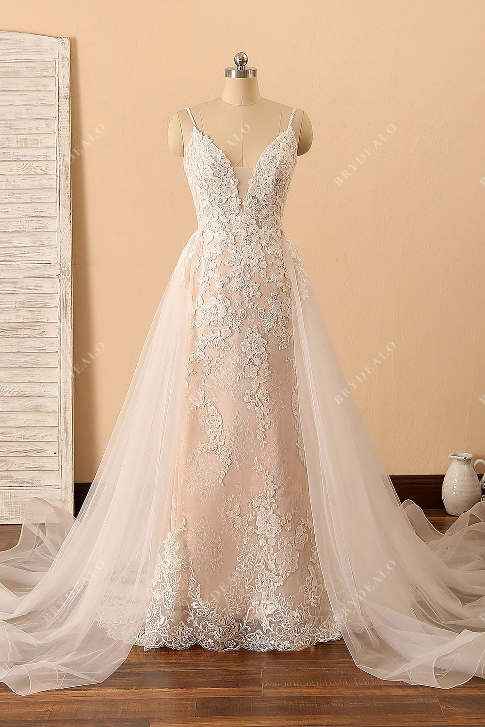 Pearl Pink Plunging Neckline Lace Tulle Modern Overskirt Bridal Gown