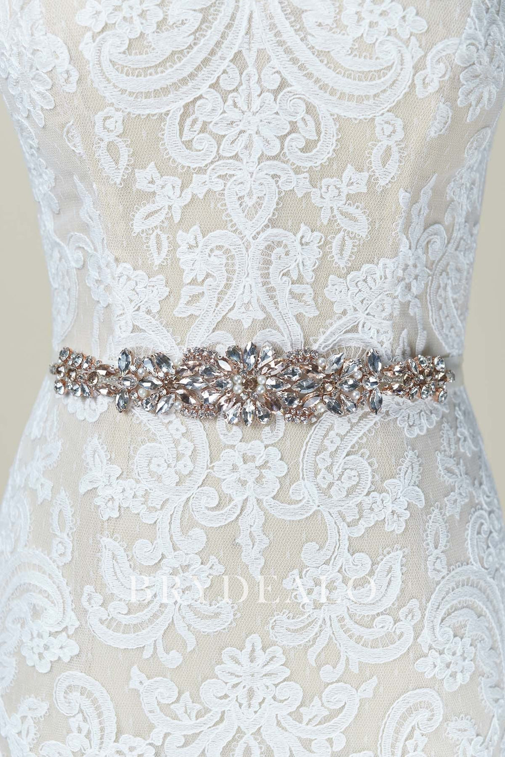 Bling Bling Rose Gold Pearl Rhinestone Blossom Medallion Bridal Sash