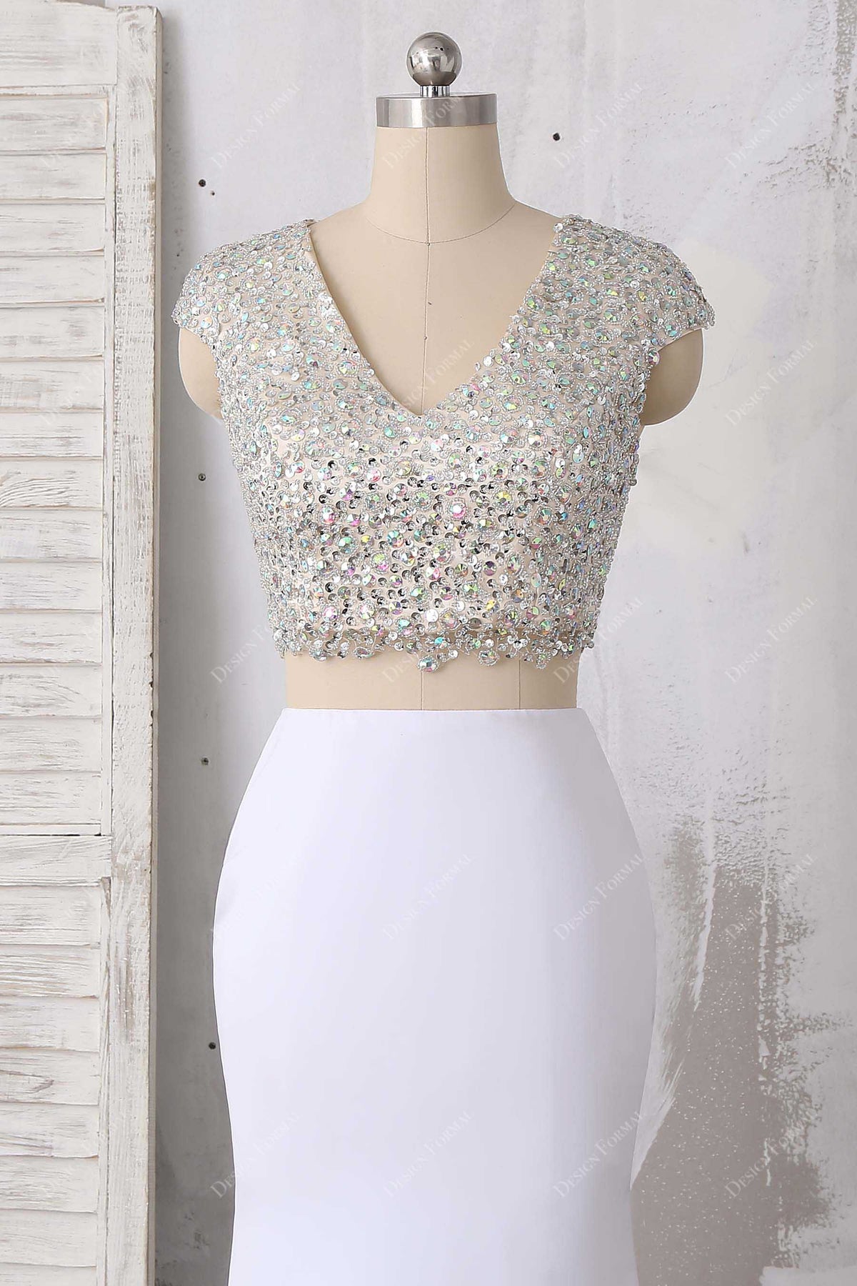 White Matte Crepe Crystals Cap Sleeve Two-piece Dress