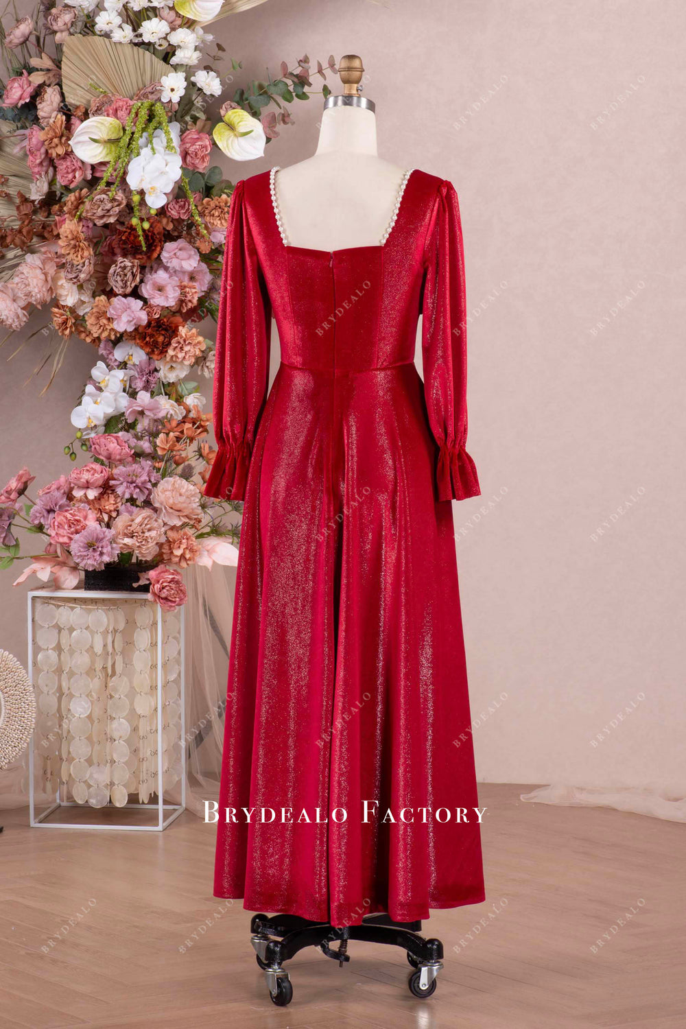 Red Shimmery Velvet Ankle Length Long Sleeve Host Evening Dress