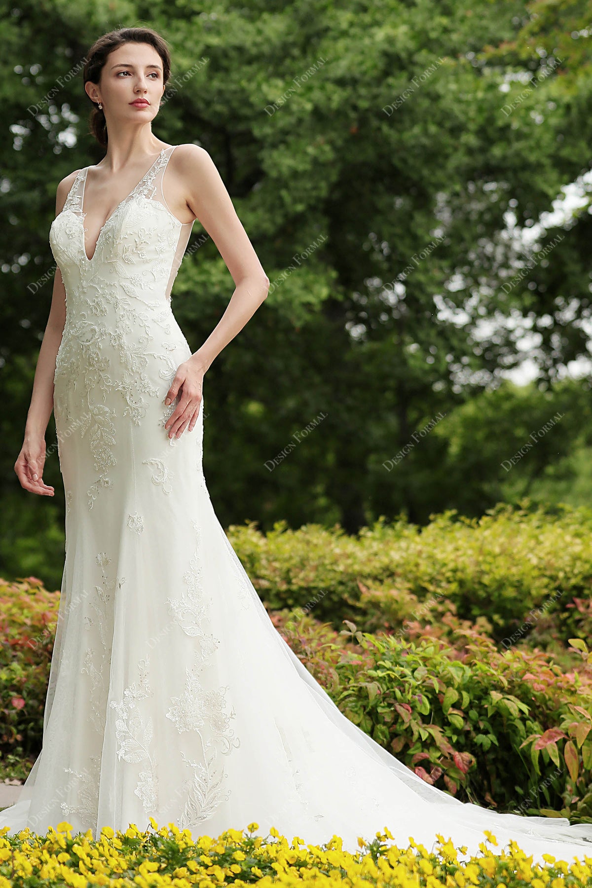 Beaded Floral Lace V-neck Mermaid Bridal Dress