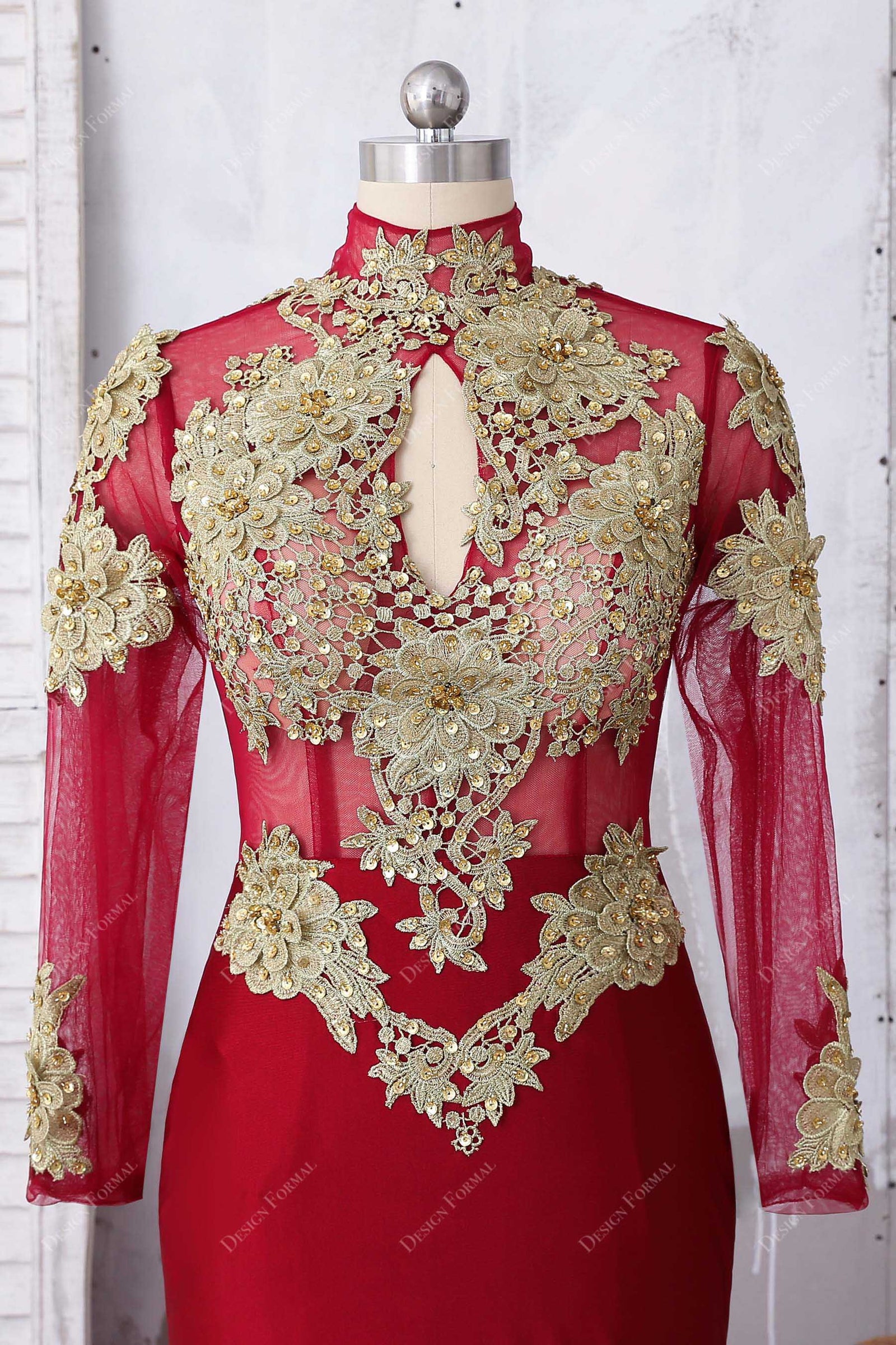 Gold Lace Red Jersey Turtle Neck Plus Size Sexy Open Back Mermaid Prom ...