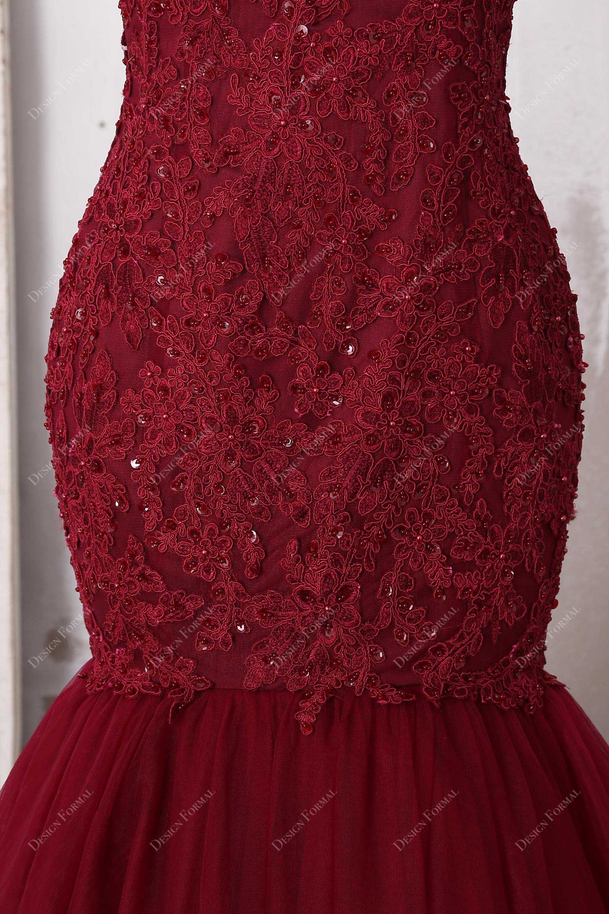 Burgundy Beaded Lace Tulle Dramatic Trumpet Prom Dress