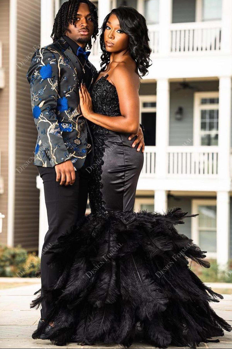 Black Lace Illusion One Sleeve Feather Custom Made Prom Dress