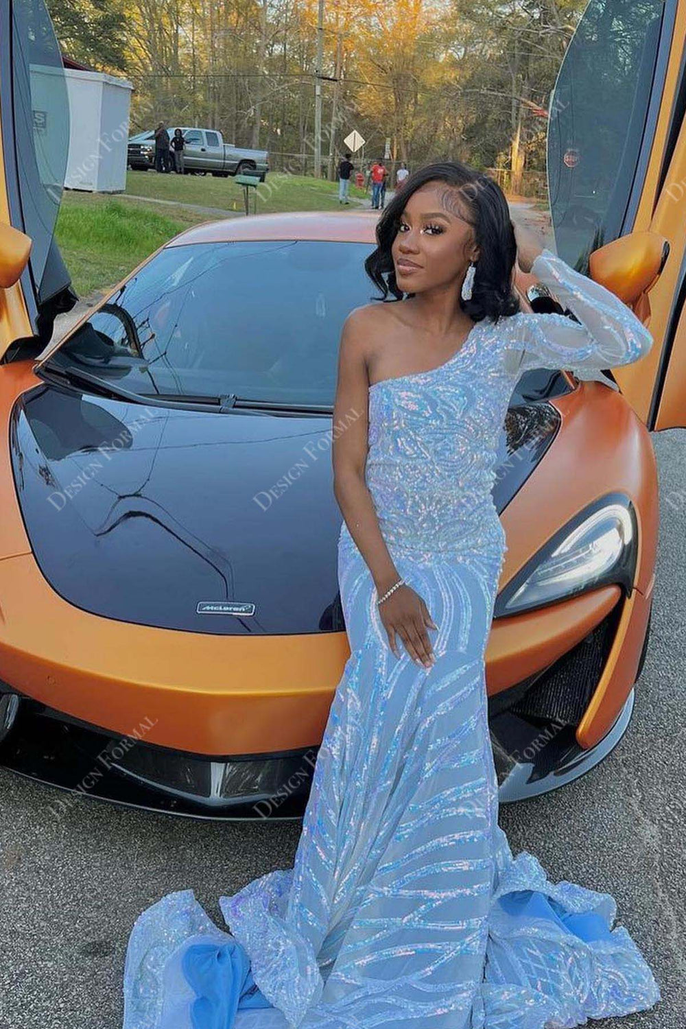 Sky Blue Sequin One Sleeve Mermaid Made to Measure Prom Dress