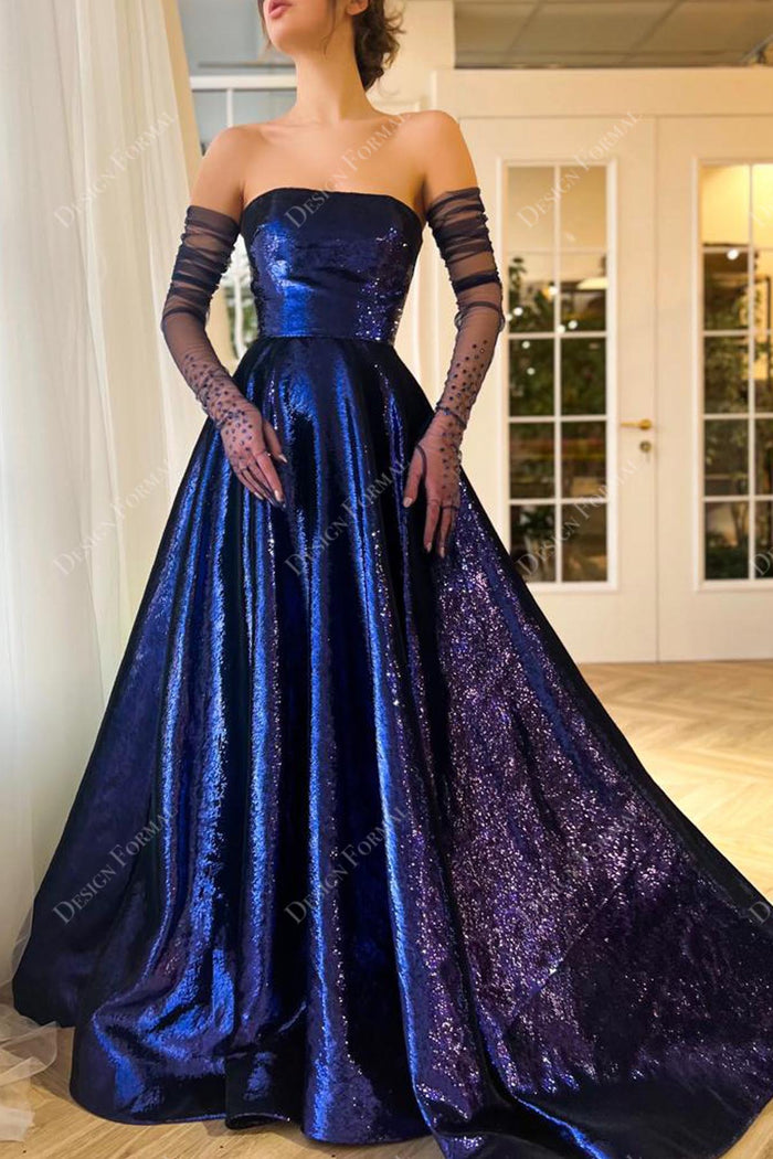 Royal Blue Sparkly Sequin Custom Strapless Straight Across Neck Prom Dress