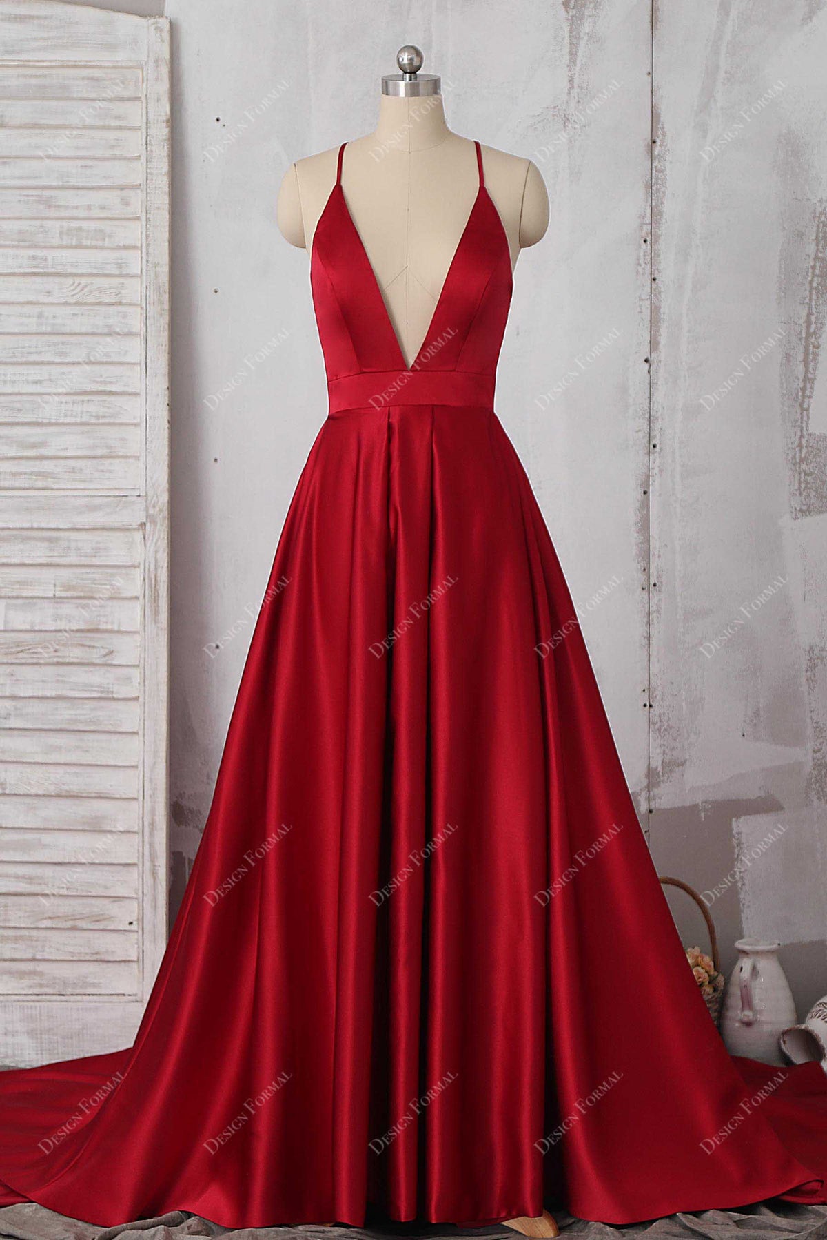 Red Satin Plunging V-neck Sexy Open Back Simple A-line Prom Dress