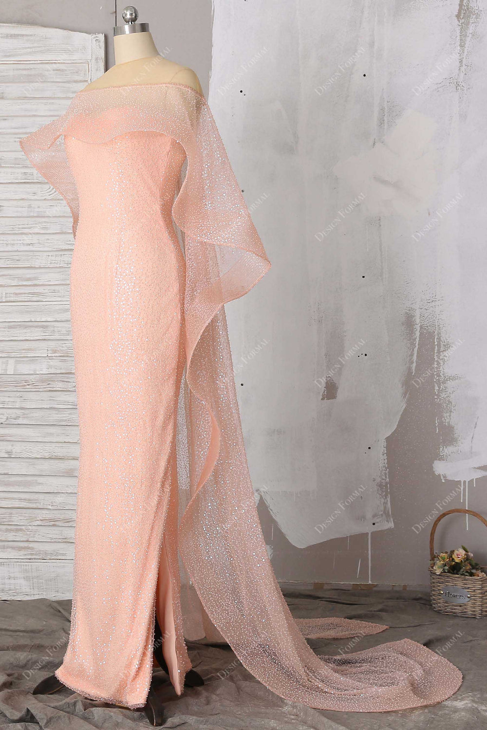 Peach Pink Glitter Cascading Cape Unique Prom Dress