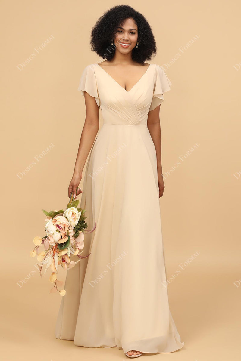 Champagne Chiffon Flutter Sleeves V-neck A-line Bridesmaid Dress – DesignFormal