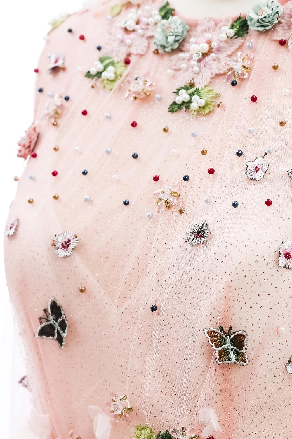 Plus Size Pink Sleeved Pearls Flowers A-line Prom Fairy Wedding Dress