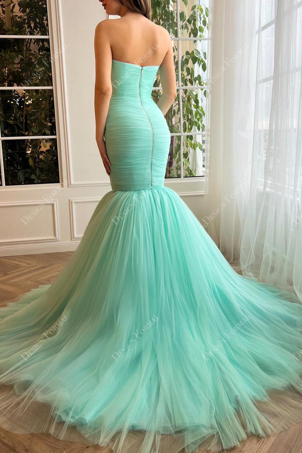 Turquoise Strapless Pleated Tulle Custom-made Trumpet Prom Formal Gown