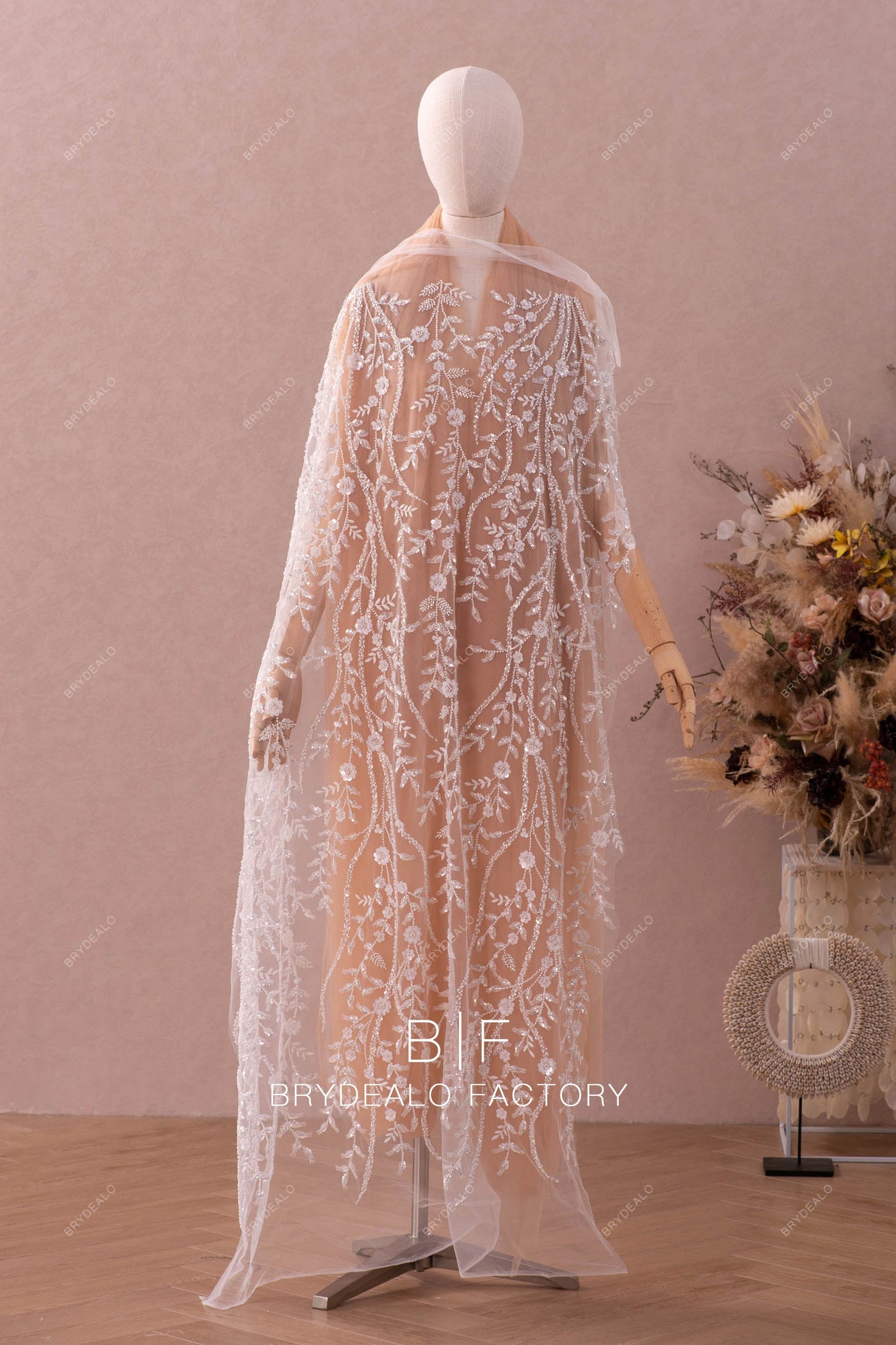 Matte Cream White Sequin Beading Flower Lace Fabric Online