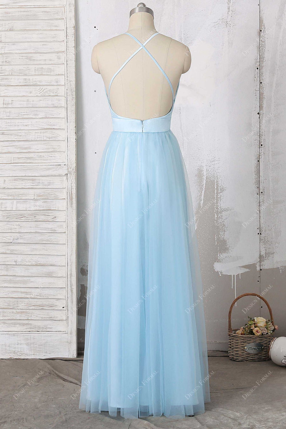 Sky Blue Tulle Plunging Straps Floor Length A-line Prom Bridesmaid Dress